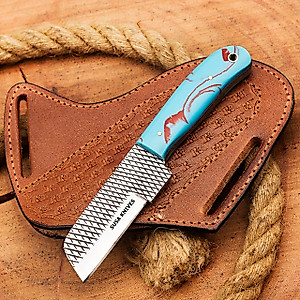 SUSA KNIVES Custom Handmade Rasp Bull Cutter knives horse file steel bull cutter knife, cowboy skinner knife with pancake leather sheath (BLUE)