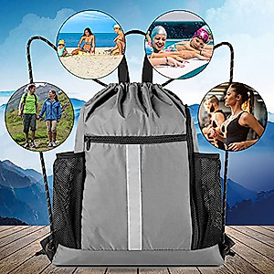 BeeGreen Grey Drawstring Bag Pack Gym Sackpack w Shoe Compartment Two Water Bottle Holder Portable String Sinch Sack for Gymnastic Athletic Beach Travel