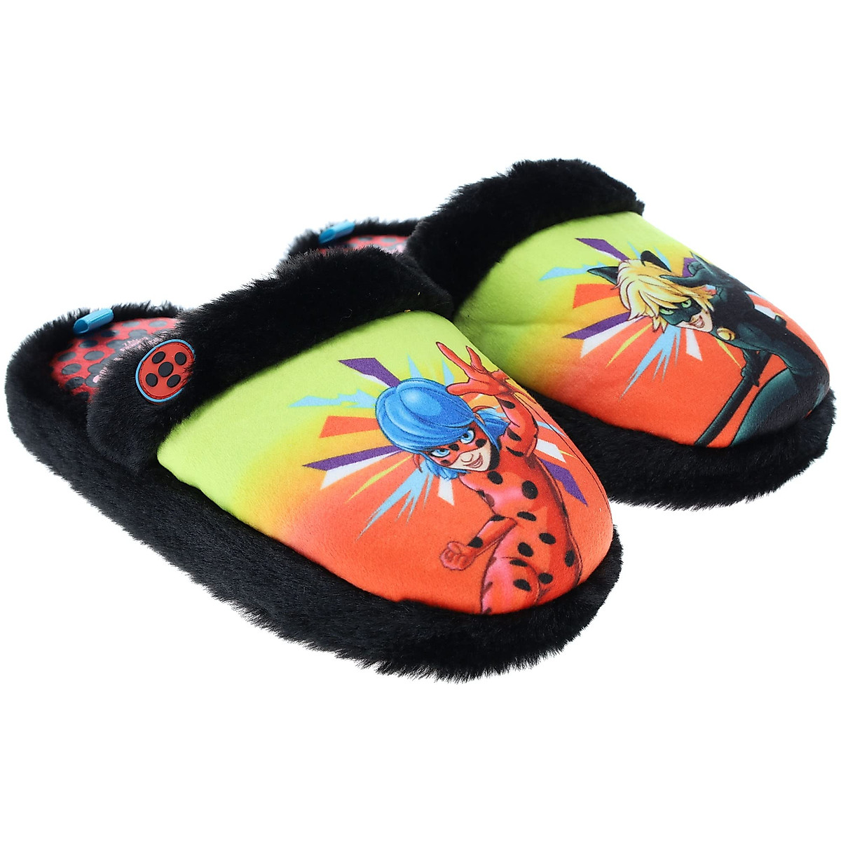 Miraculous Ladybug Girls' Slipper Scuff, Mismatch Ladybug and Cat Noir, Black/Red, Big Kid Size 3/4