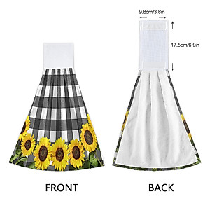Kcldeci Sunflower Hanging Towels Kitchen Dish Towels with Hanging Loop Buffalo Check Plaid Absorbent Dish Clothes Kitchen Wears Hanging Tie Towels Set of 2