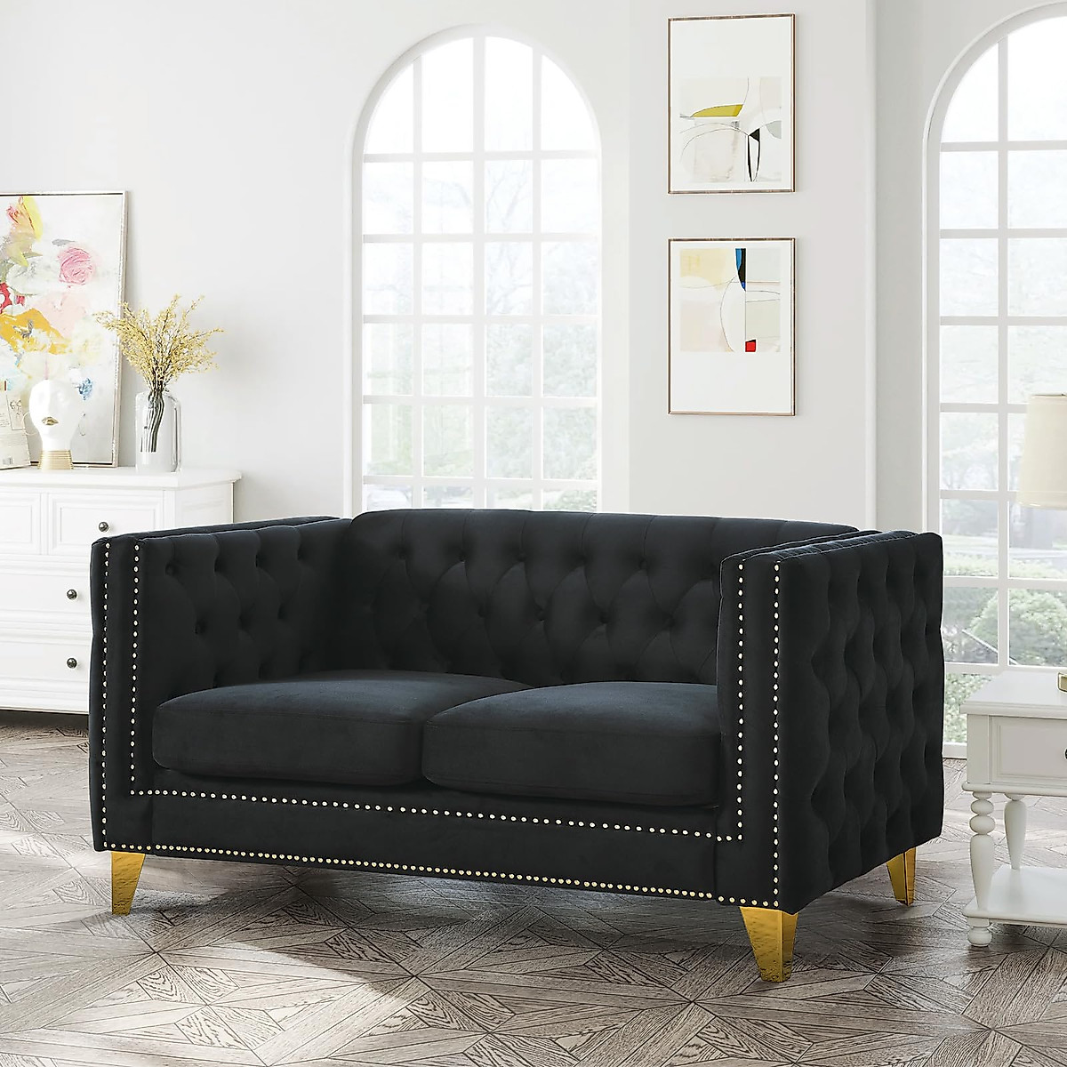 58-Inch Velvet Loveseat Sofa, Comfy Couch for Living Room, Modern Sofa with Tufted Back and Rivet Decoration, Upholstered Small Love Seat with Solid Golden Metal Tapered Legs, Black