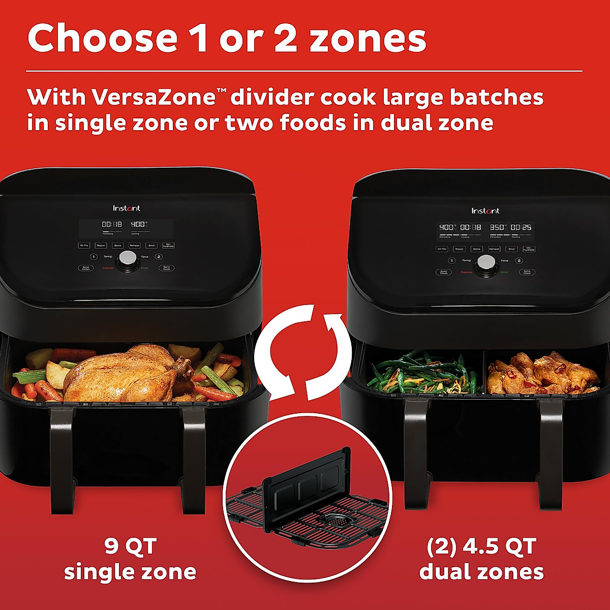 Instant Pot VersaZone 9QT Air Fryer,8-in-1 Functions with EvenCrisp Technology, Crisps,Broils, Bakes,Roasts, Dehydrates,Reheats at Same or Different Temperature, from the Makers of Instant Pot, Black