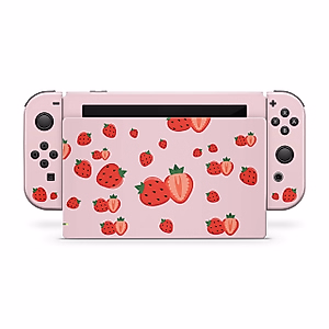 Tacky Design Strawberries Skin Compatible with Nintendo Switch Skin Wrap Cover, Kawaii Pink Strawberry Skin for Nintendo Switch Stickers, Premium Vinyl 3M Full Wrap Decal.