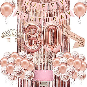 30th Birthday Decorations for Women, Rose Gold 30 Birthday Decorations for Her, Happy 30th Birthday Banner, Crown, Sash, Cake Topper and Number Balloon, 30th Birthday Party Supplies for Women