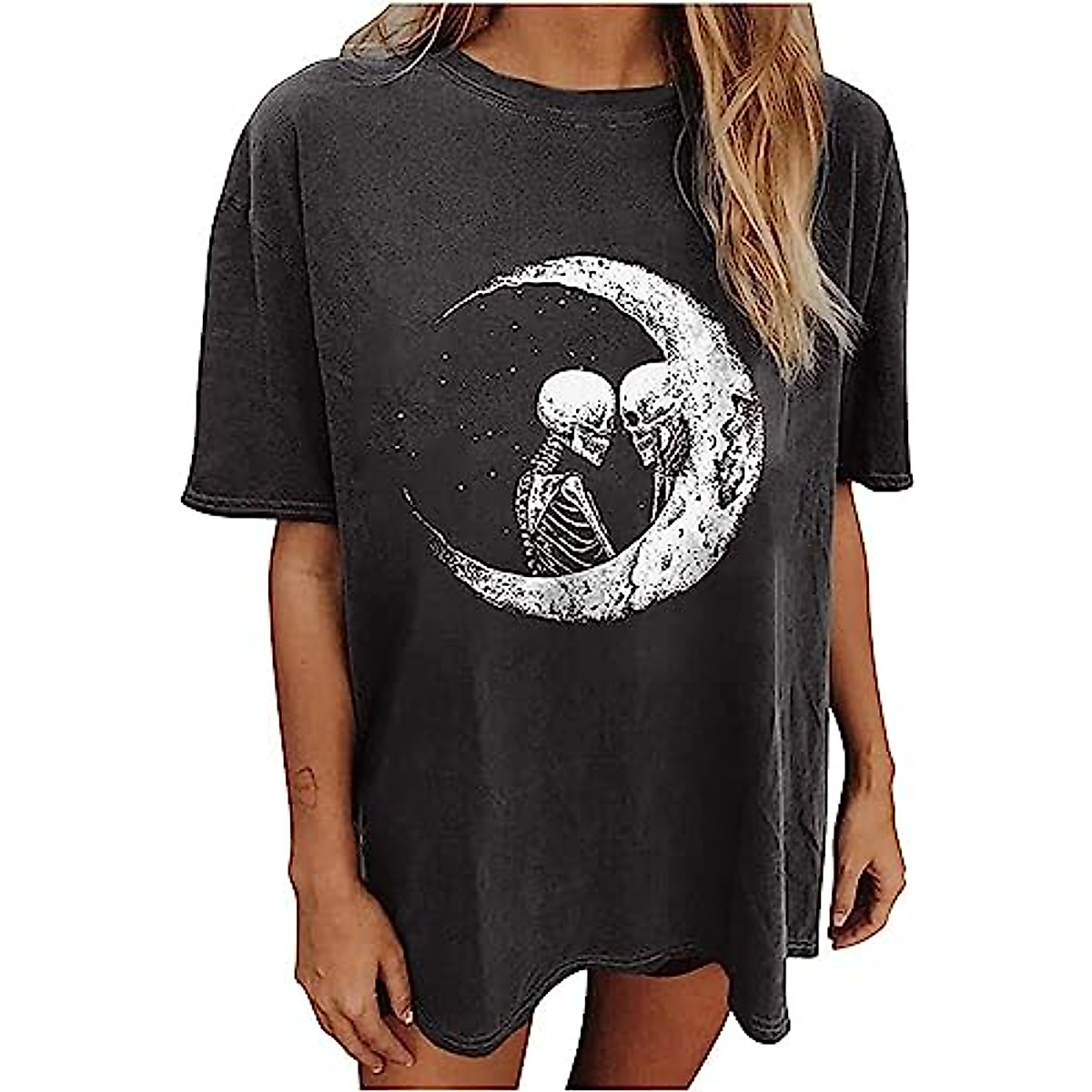 Y2K Moon Skull Skeleton Oversized T Shirt Bleached Halloween Funny Graphic Vintage Tees for Women Girls Casual Summer Loose Round Neck Short Sleeve Tops-L