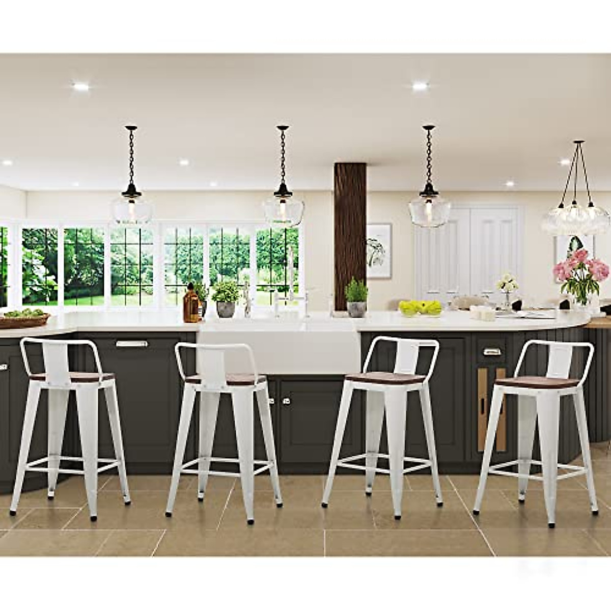 Sophia & William 24 Inch Metal Bar Stools Set of 4 Counter Height Detachable Low Back Bar Stools with Wooden Seat,Indoor/Outdoor Barstools,Creamy White