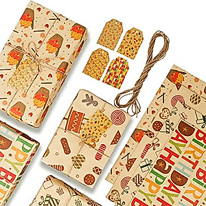 ZHULUOJI Kraft Wrapping Paper Birthday 8 Sheets Recyclable Wrapping Paper with 4 Gift Tags, Folded Flat Gift Wrap Paper Set, 19.7 in x 27.6 in Per Sheet