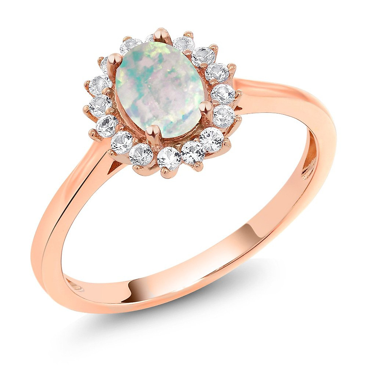 Gem Stone King 10K Rose Gold Cabochon White Simulated Opal and White Created Sapphire Engagement Ring For Women (0.87 Cttw, Available In Size 5, 6, 7, 8, 9)