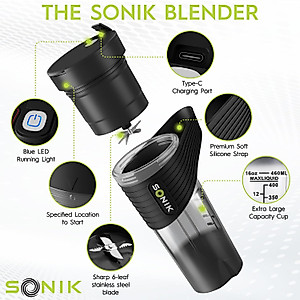 Sonik Portable Blender for Shakes and Smoothies with 6 Ultra Sharp Blades, Powerful 16 OZ Personal Sized Blender Perfect For Traveling, BPA Free and USB Rechargeable (Black)