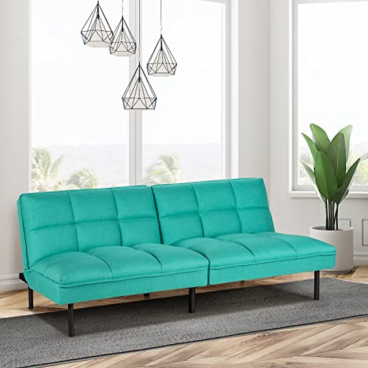 Giantex Sofa Bed, Convertible Sleeper Couch, Linen Fabric Futon, Recliner with 3 Level Adjustable Backrest, Metal Legs, 71”x35.5”x31”, Living Room Bedroom Reception Room (Turquoise)