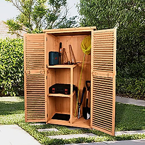 JOVNO Outdoor 63" Wood Storage Shed Tool Organizer Garden Storage Cabinet with Waterproof Roof, Lockable Doors, 3-Tier Shelves for Patio Lawn Backyard Home Garage