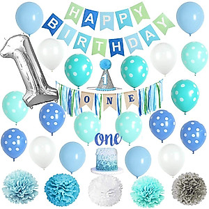 VIDAL CRAFTS 1st Birthday Decorations Boy - High Chair Banner, Baby Birthday Decorations, 1 Year Old Birthday Decorations - Balloons, Banners, paper flowers, Cake Topper - First Birthday Boy