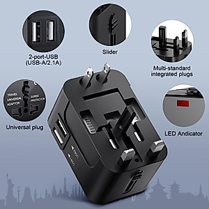 Universal Worldwide Travel Adapter,International Travel Plug Adapter with 2 USB Port and AC Socket,All in One Travel Adapter Power Adapter for US UK EU AU
