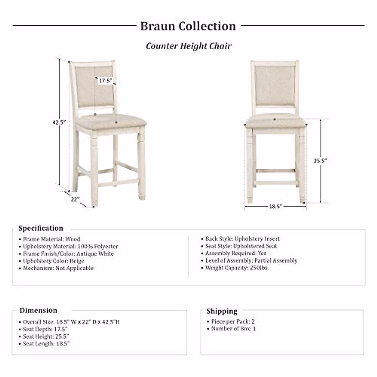 Lexicon Braun 5-Piece Counter Height Dining Set, Antique White