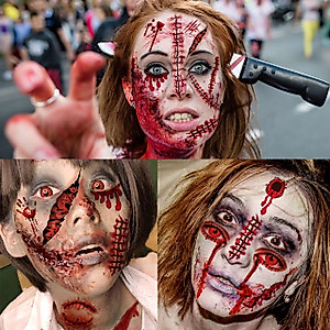 VANTATY 215+ PCS 30 Sheets 3D Fake Scars Tattoo Temporary Halloween Makeup Kit, Fake Stitches Tattoos Cut Scary Face Wound Blood Chucky Scars Tatoos For Kids Women Men Boys Girls Zombie Sticker