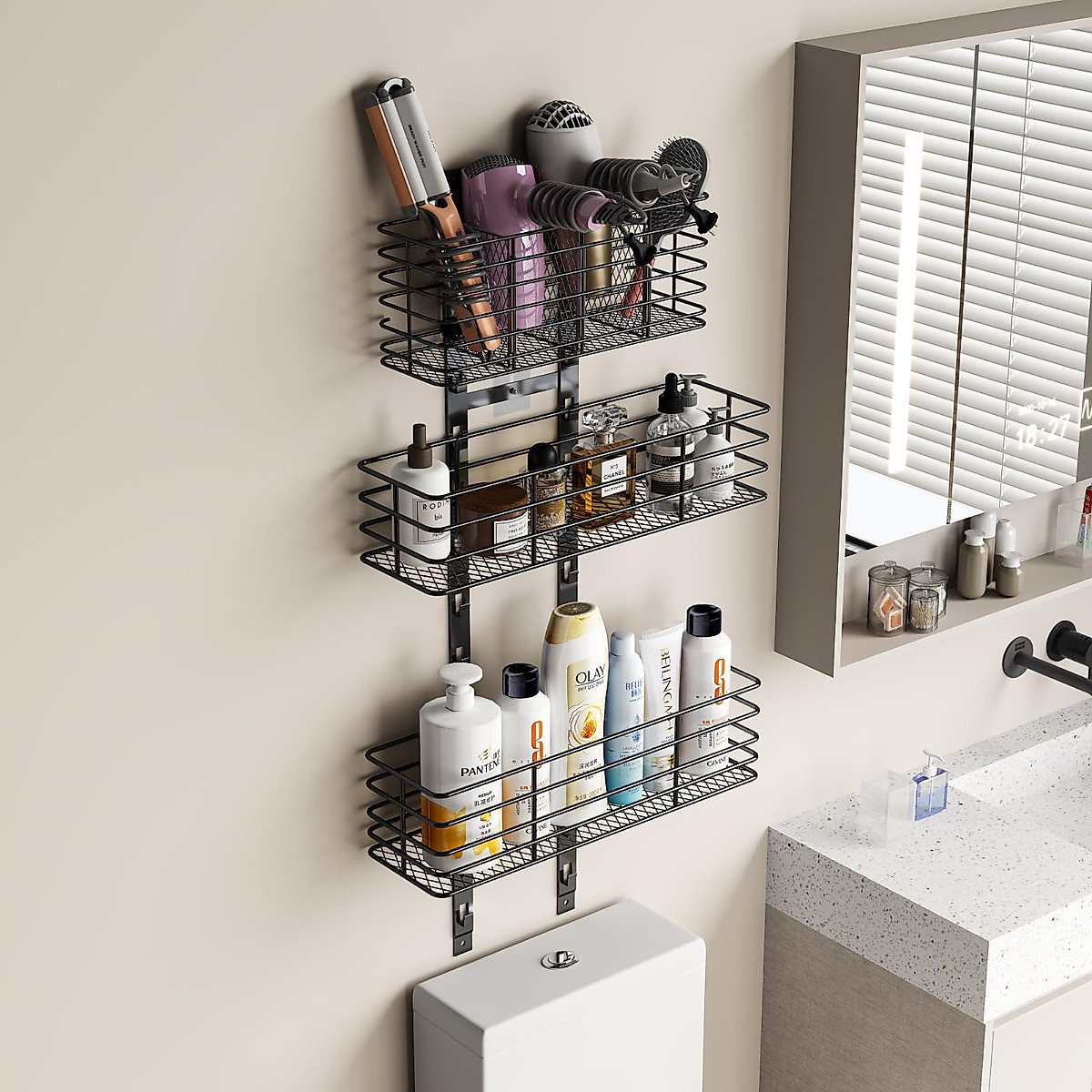 5-Tier Over The Door Bathroom Organizer - Hair Dryer Holder - Hair Tool Organizer Adjustable Height, DIY Bathroom Storage Shelf Wall Mounted for Flat/Curling Irons, Hair Straighteners, Skincare