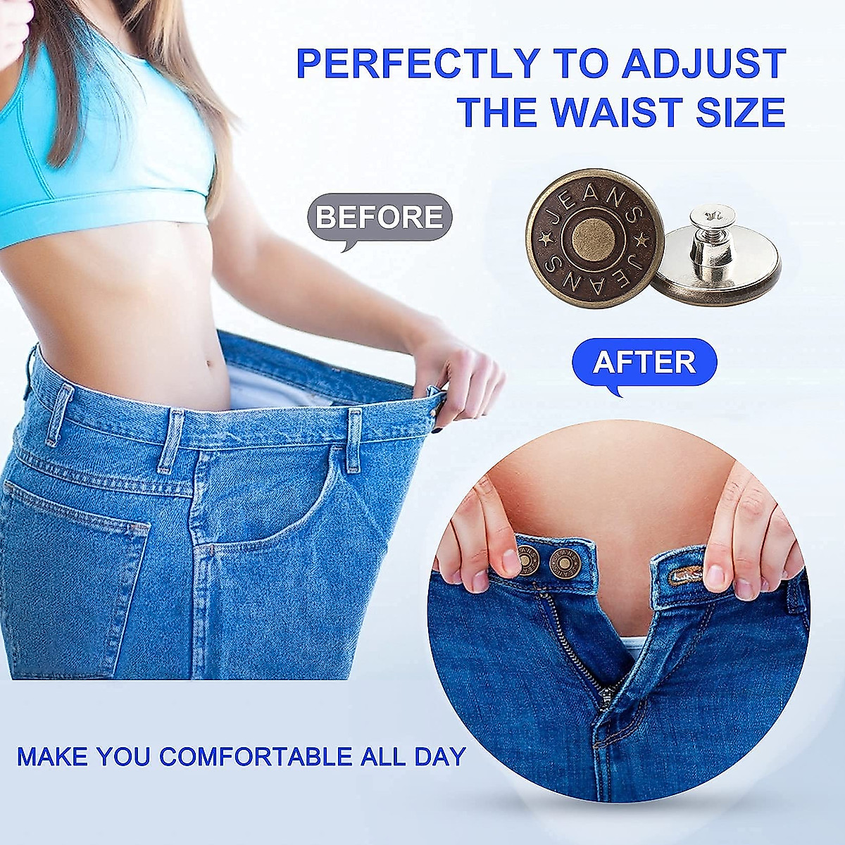 12 Sets Adjustable Buttons for Jeans, 20mm No Sew Instant Metal Buttons, Removable Jean Buttons Replacement Repair Kit with Threads Rivets and Screwdriver