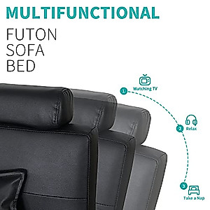 Small Faux Leather Futon Sofa Bed Adjustable Convertible Sleeper Sofa for Living Room, Apartment, Dorm w/Storage Ottoman Coffee Table Bench, Lumbar Pillows and Folding Recliner (Black Sofa Bed)