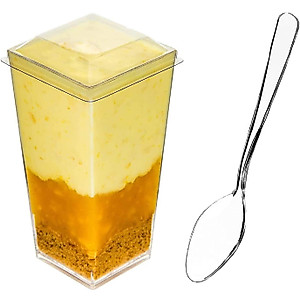 DLux 50 x 3 oz Mini Dessert Cups with Spoons and lids, Square Tall - Clear Plastic Parfait Appetizer Cup - Small Reusable Serving Bowl for Party Desserts Appetizers - With Recipe Ebook