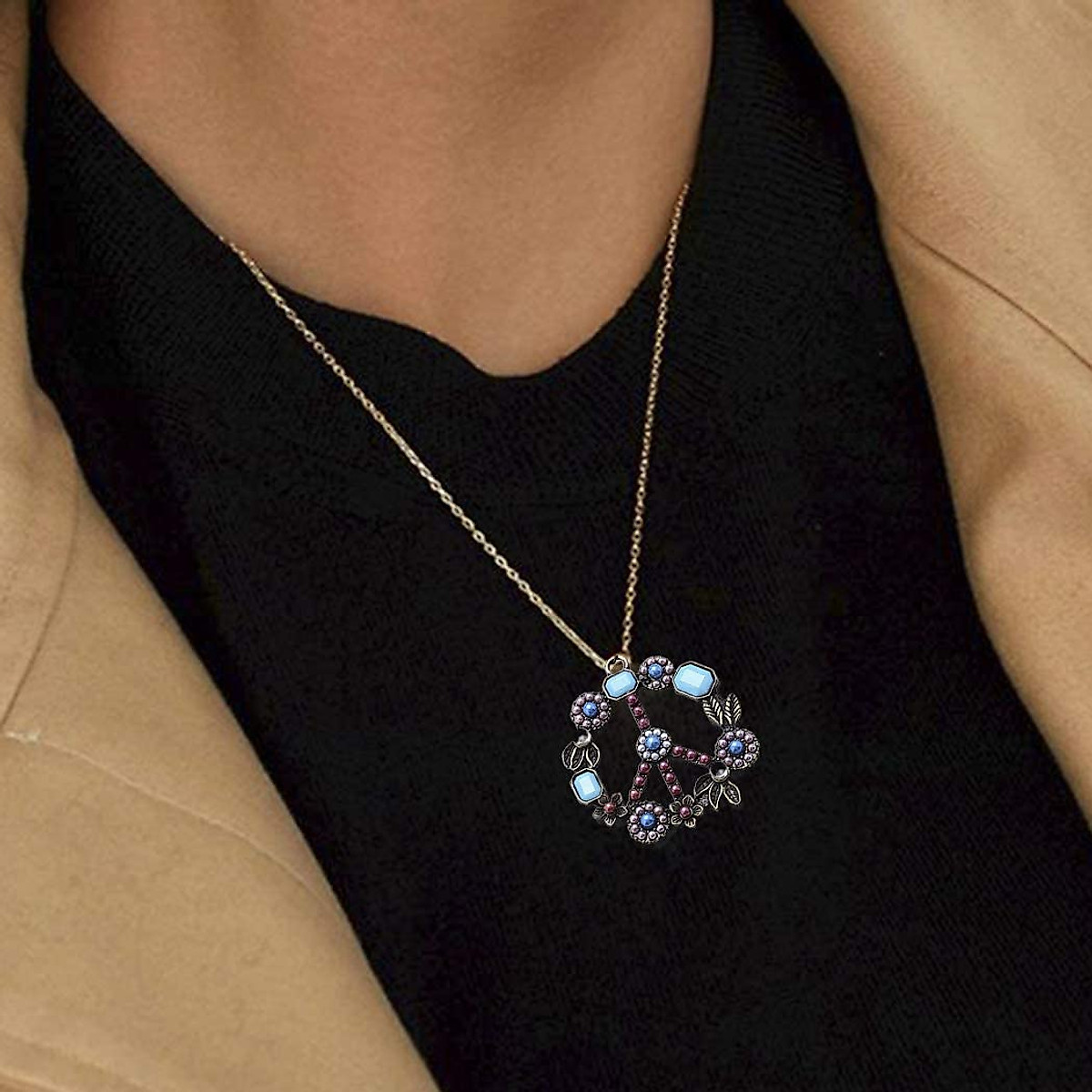 Zehope Peace Sign Necklace Vintage Hippie Pendant Necklaces Chain 60s 70s Long Turquoise Necklace Accessories for Women