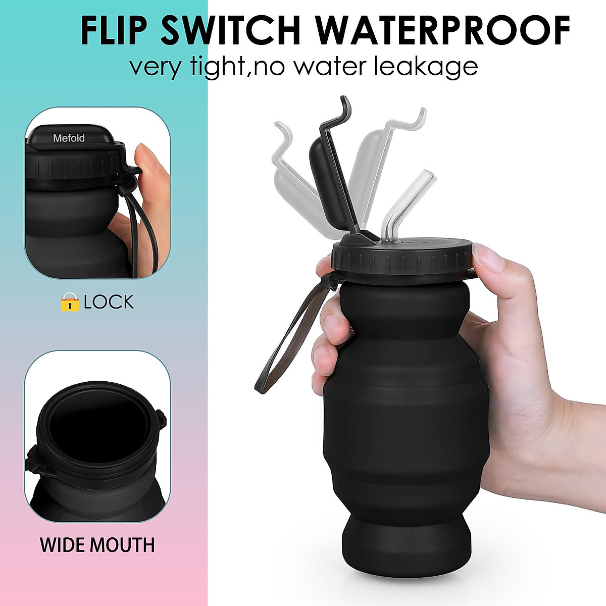 Mefold Water Bottles Collapse Silicone Durable Leak Proof Straw,Foldable Medical Grade BPA-Free,11oz Lightweight bottles for Kids Travel, Portable, Cycling, Hiking, Sports, Gym, Camping 320ML