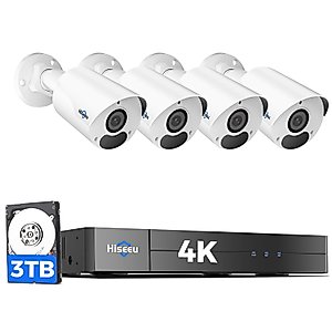 [4K HD+3TB HDD] Hiseeu 4K Security Camera System, PoE Security Camera System w/4pcs IP PoE Cameras, 121° Wide View, IP67 Waterproof, Free Remote Access, WDR, Human Detect, 7/24 Record