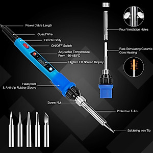 LCD Digital Soldering Welding Iron Kit with Ceramic Heater,5pcs Tips, Stand, Solder Tube, Sponge for Metal, Jewelry, Electric, DIY, Portable, 80W 110V