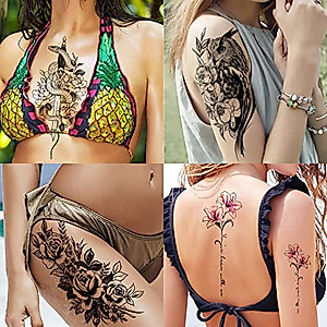 Yezunir 66 Sheets 3D Owl Tiger Flower Temporary Tattoos For Women Girls Arm Sleeve Thigh, Large Skull Lotus Snake Peony Rose Floral Temp Tattoo Sticker Adult, Fake Tattoos That Look Real and Last Long