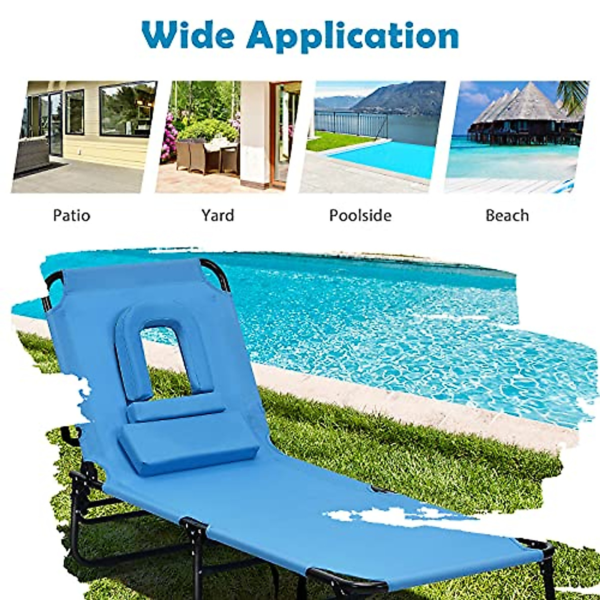 HAPPYGRILL Beach Lounge Chair Adjustable Folding Chaise Sunbathing Chair for Patio Backyard Beach