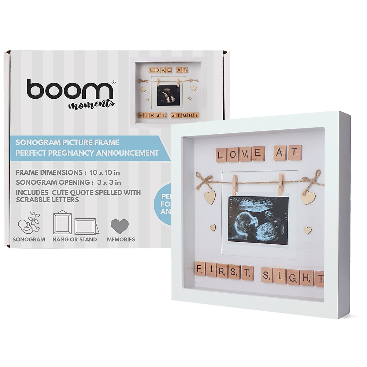 boom moments Sonogram Picture Frame | Scrabble Style Letters | Keepsake Baby Ultrasound Frame | Best Baby Announcement | Love at First Sight (10 x 10 Inches)