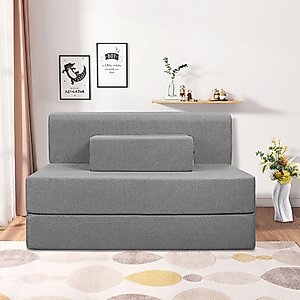 QIUBABYO Folding Sofa Bed Couch with Armrest-Convertible Sleeping Mattress Guest Bed Lounger,Memory Foam Foldable Mattress with Luxury Washable & Removable Cover, 75"x47"x8 (Light Grey)
