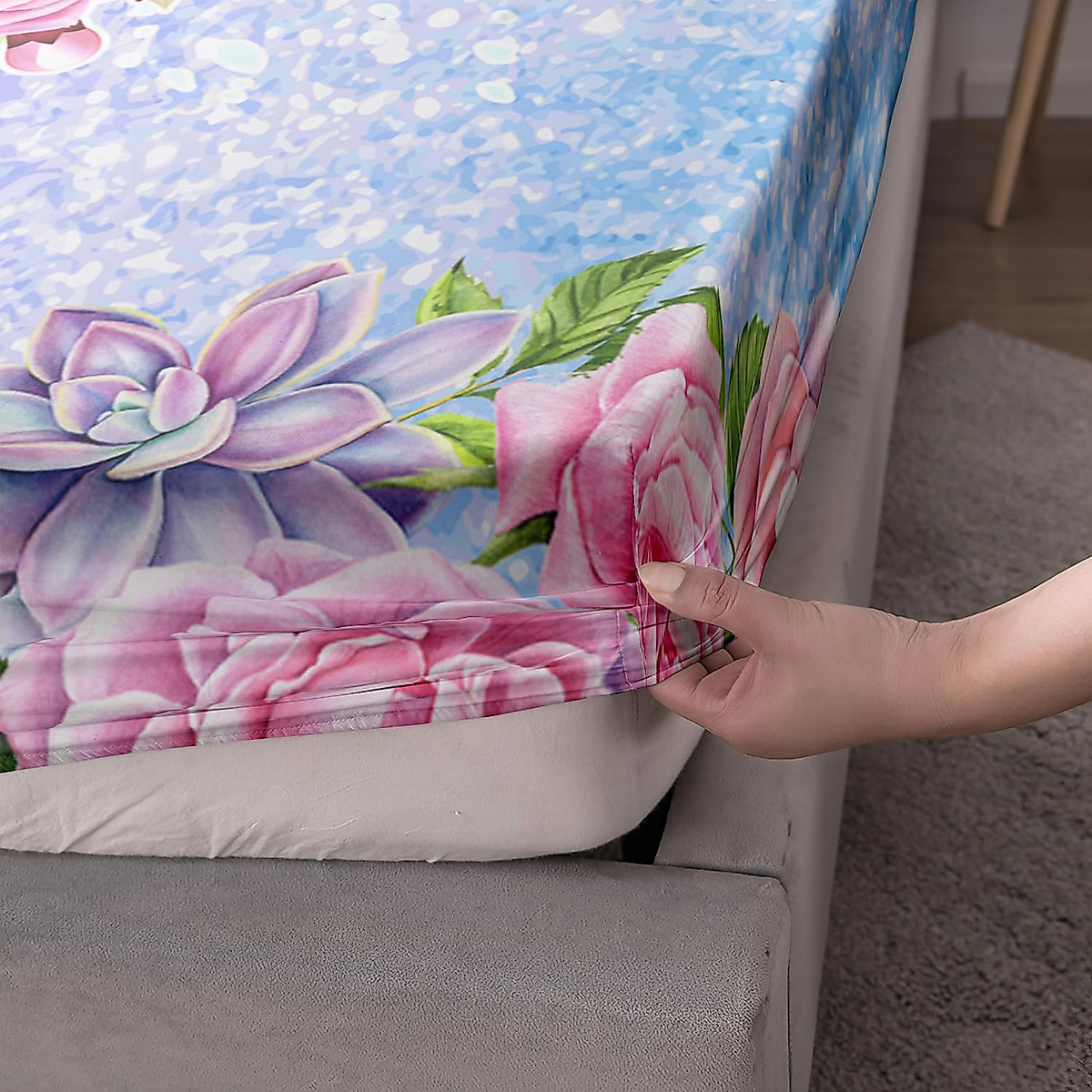 AILONEN Beautiful Butterfly Fitted Sheet Full Size, Sparkling Blue Pink Butterfly with Floral Bedding Set for Girls Women,Starry Theme Bed Sheet Set,3 Pieces,1 Fitted Sheet and 2 Pillowcases