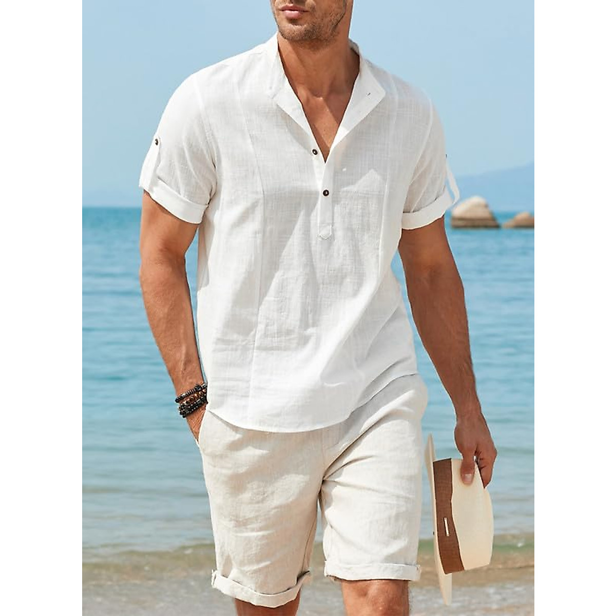 JMIERR Mens Casual Cotton Linen Texture Henley Shirt Short Sleeve Button Down Shirt Summer Beach Tropical Cruise Shirts US 43(L) White