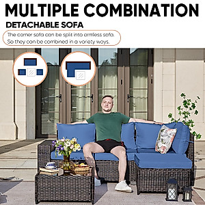 TerraRelax Patio Furniture Set 5 Pieces All Weather Patio Conversation Sets Wicker PE Rattan Outdoor Sectional Couch Sofa with Cushion Ottoman Table for Poolside Peacock, Garden, Backyard Navy