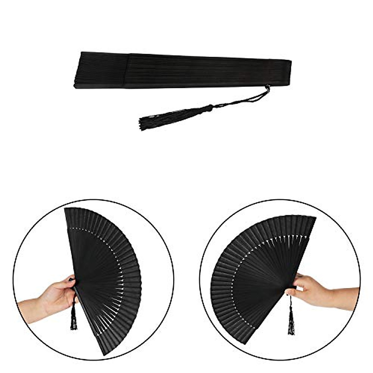 2 Pieces Silk Folding Hand Fan Black Bamboo Handheld Fan Chinese Folded Fan with Tassel for Dance Party Home Decorations (Classic Style)