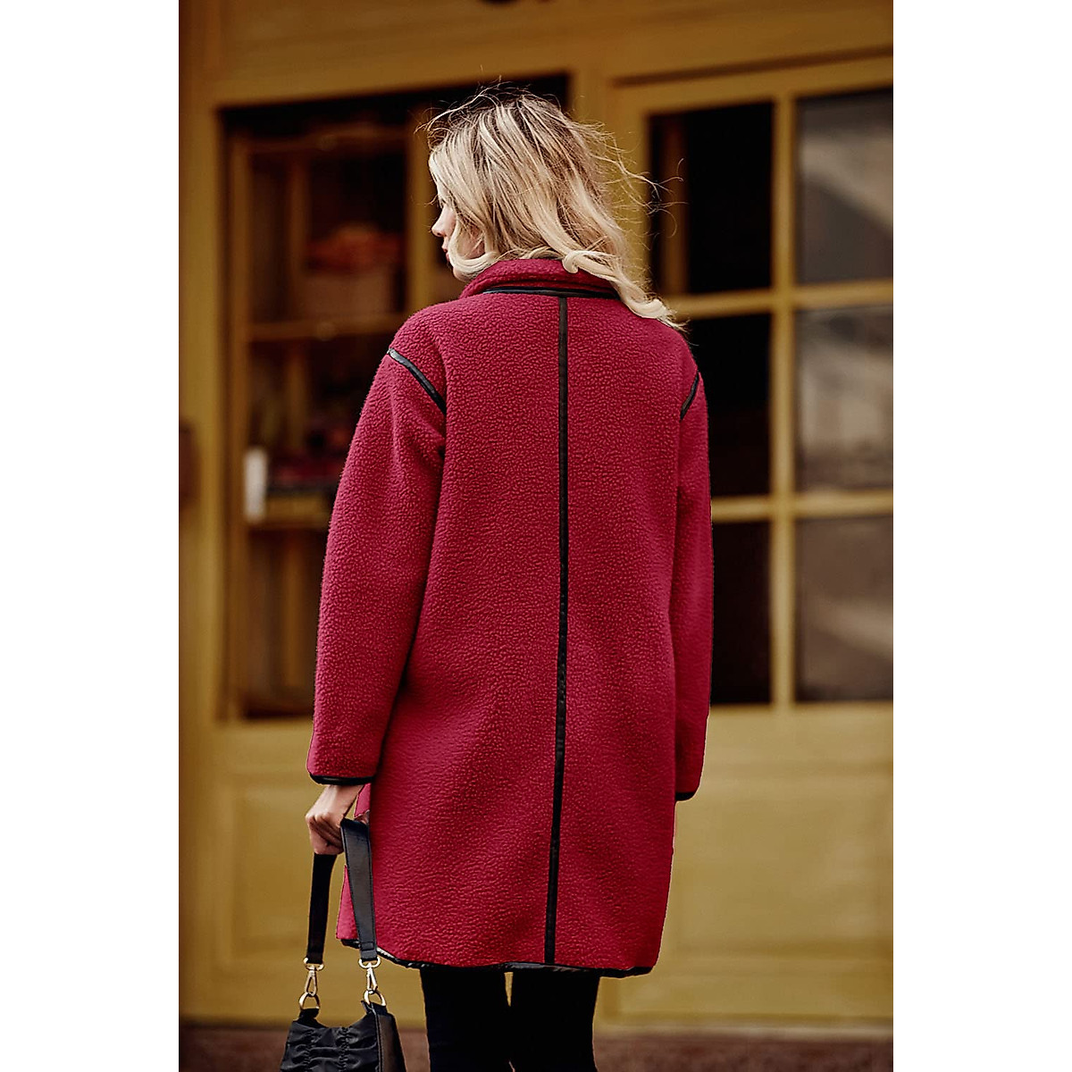 PRETTYGARDEN Women's Full Zip Fleece Jacket Long Sleeve Lapel Warm Winter Sherpa Coat With Pockets (Jujube Red,Large)