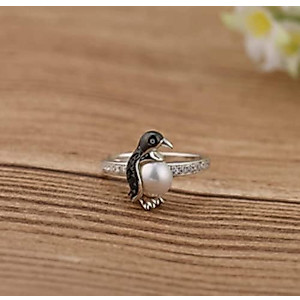 HUKQBUNX 925 Sterling Silver lovely exquisite Penguin diamond full diamond women's shiny natural freshwater pearl ring wedding engagement diamond ring size 6-10 (Size 10)