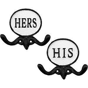 AuldHome His and Hers Towel Hooks (Set of 2); Cast Iron Rustic Farmhouse Decor Door Wall Hangers