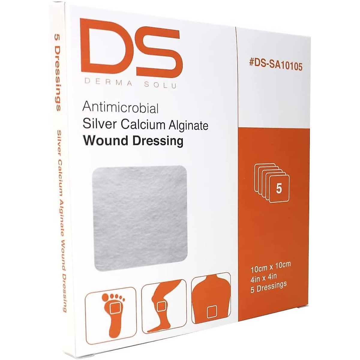 DERMA SOLU 4” x 4” Silver Calcium Alginate Wound Dressing Alginate w/Silver Sterile (4" x 4" (5 Dressings))