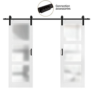 ARKHJEM Double Sliding Barn Door,60in(Double 30”×84in Frosted 3 Panel Glass Barn Door,Water-Proof PVC Surface,Hardware Kit Included, Assembly Needed,White