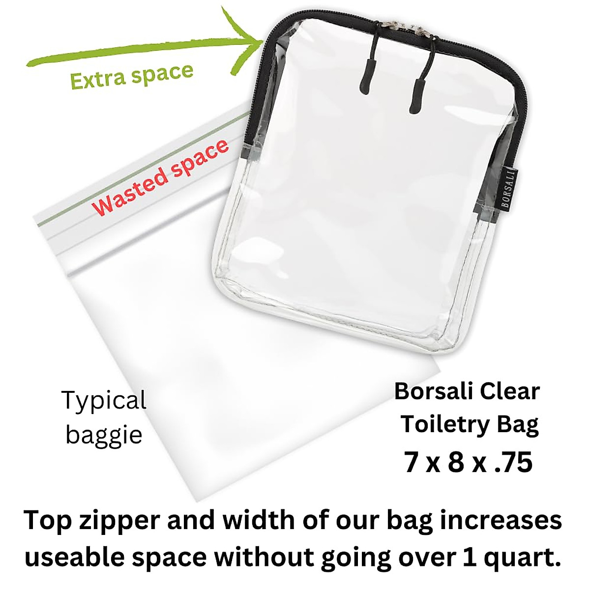 BORSALI TSA Quart Size Bag Approved for Carry On Travel - One (1) Quart Clear Toiletires, Cosmetic and 3-1-1 Liquids Toiletry Bag - 2 Pack