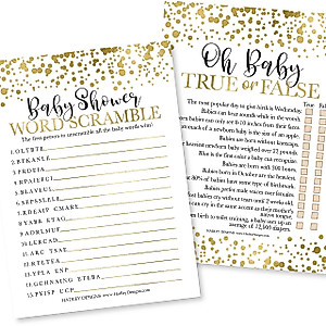 25 Gold Word Scramble For Baby Shower, 25 True Or False Game, 25 Baby Animal Matching, 25 Nursery Rhyme Game - 4 Double Sided Cards Baby Shower Ideas, Baby Shower Party Supplies