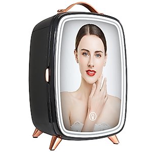 VEVOR Mini Fridge 6L Skincare Refrigerator with LED Light and HD Mirror, AC/DC Makeup Cooler for Skin Care Cosmetic Storage, Chill Face Mask Drink, Small Cooling for Bedroom Dorm Desktop, Black