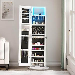 YITAHOME LED Jewelry Mirror Cabinet, Lighted Standing Jewelry Armoires 47-Inch Full Length Mirror with Storage Lockable Jewelry Organizer with Touch Screen Dimmable LED Lights, 3 Colored Light, White