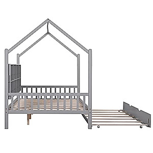 YOPTO Full Size House Bed with Trundle,Pine Wood Playhouse Bed Frame W/Storage Shelf,Front and Rear Guardrails,No Box Spring Needed,Easy Assembly,for Kids,Boys,Girls