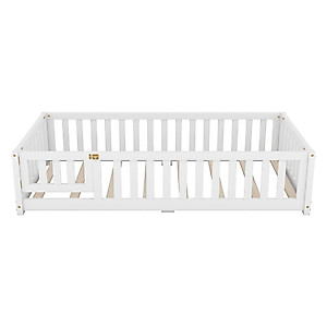 CITYLIGHT Twin Size Floor Bed with Rails, Wood Montessori Floor Bed Twin with Support Slats, Kids Twin Bed Frame with Door Design for Boys,Girls, White