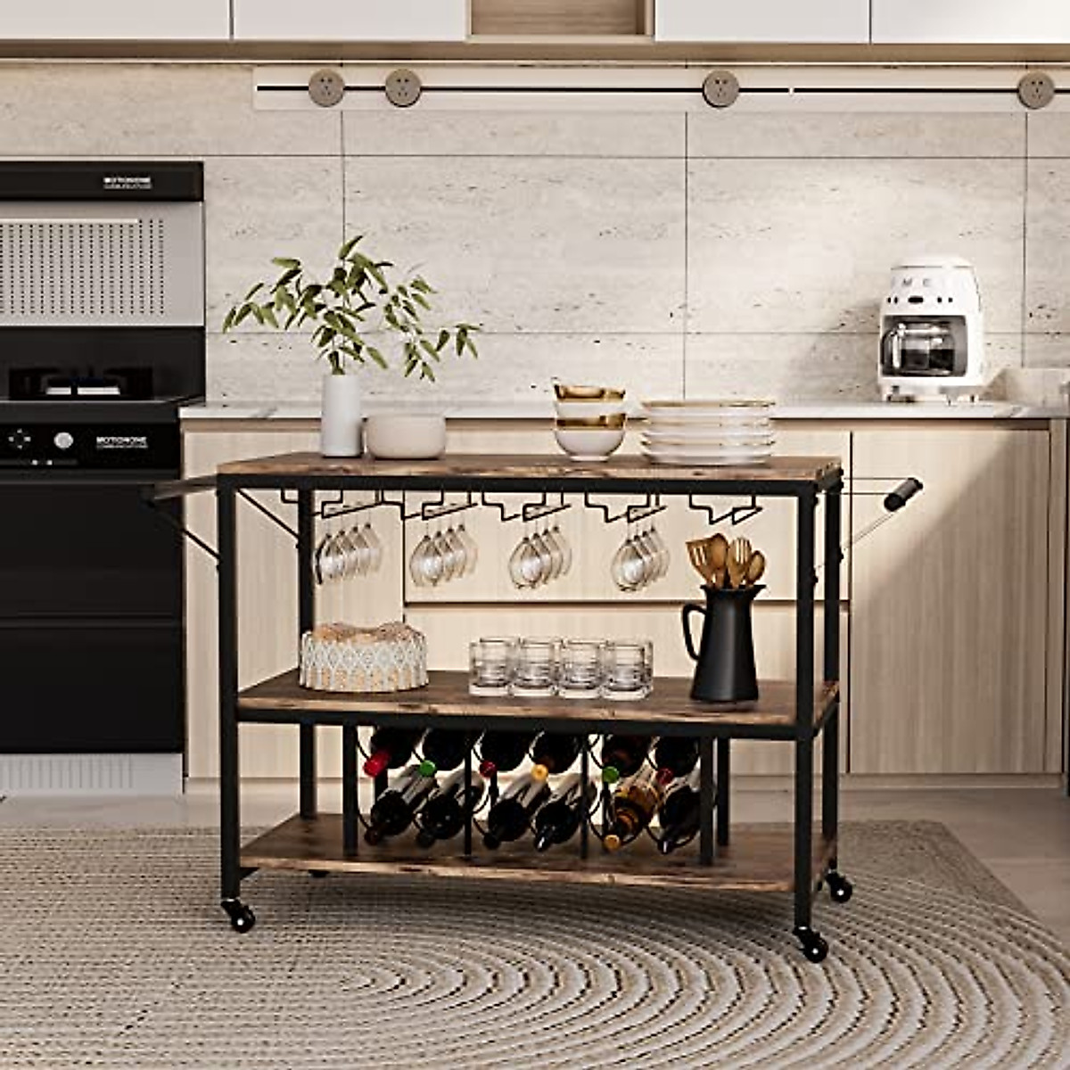 3-Tier Wine Table, Serving Bar Carts for The Home with Glass Holder, Mini Home Bar, Industrial Liquor Carts on Wheels, Rustic Wood and Metal Coffee Station and Drink Trolley for Dining Room, Kitchen