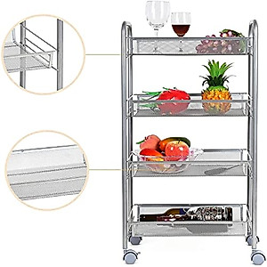 HOUKAI Multipurpose Metal Mesh Carts with Rolling Storage and Rack 4 Floors Silver Gray