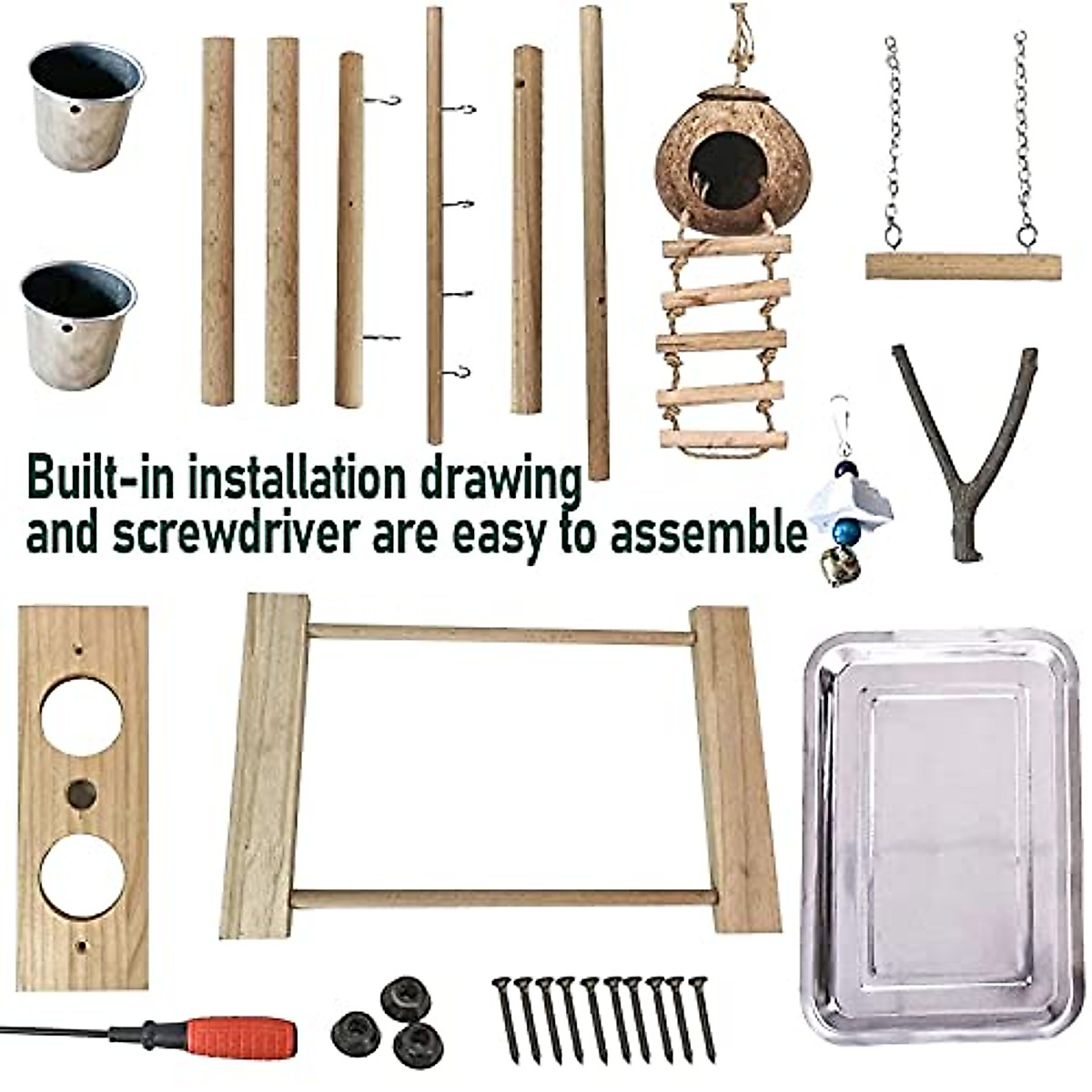 Hamiledyi Bird Playground for Conures Parrot Playstand Cockatiel Play Stand Wood Perch Gym Playpen Ladder Swing Chew Toy with Feeder Cups for Lovebirds Parakeet Cage Accessories Exercise Platform