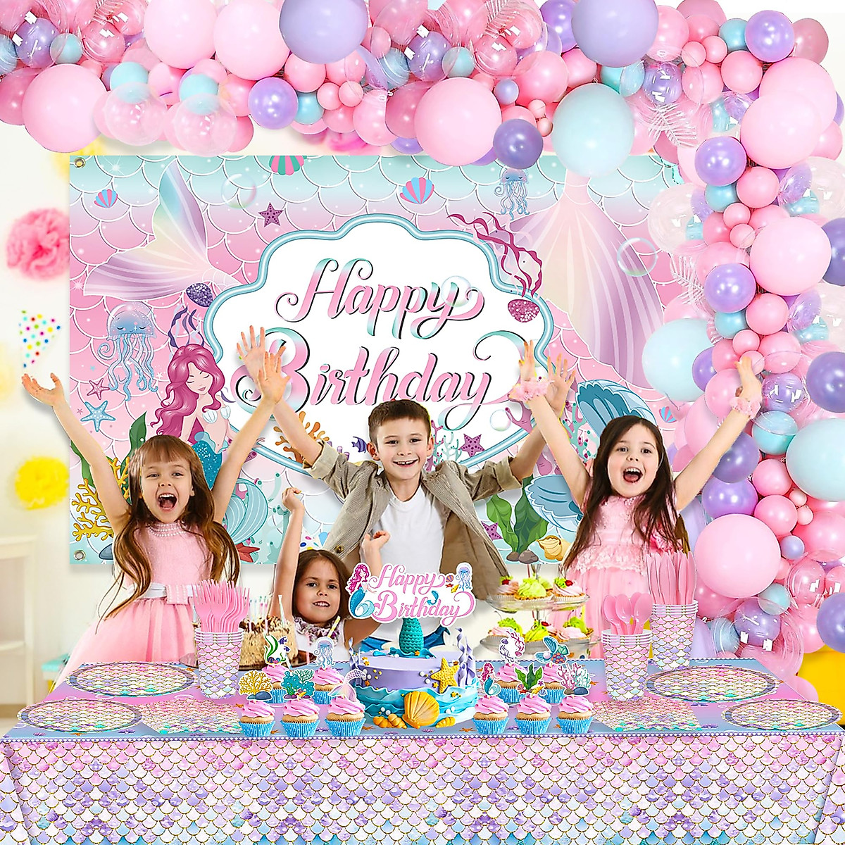 Mermaid Party Supplies Pink Mermaid Birthday Party Decorations Including Plate, Napkin, Cup, Tablecover, Happy Birthday Backdrop, Pink Mermaid Balloon Arch Kit for Girls Baby Shower, Serves 20